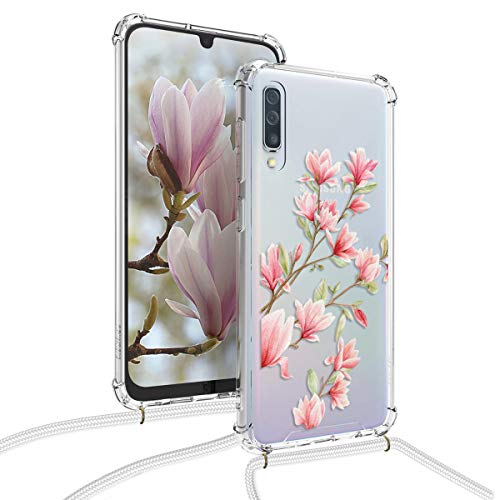 kwmobile Crossbody Case Compatible with Samsung Galaxy A50 Case Strap - Magnolias Pink/White/Transparent