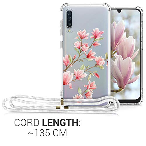 kwmobile Crossbody Case Compatible with Samsung Galaxy A50 Case Strap - Magnolias Pink/White/Transparent