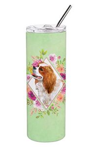 caroline's treasures ck4286tbl20 cavalier king charles spaniel green flowers double walled stainless steel 20 oz skinny tumbler, 20 oz, multicolor