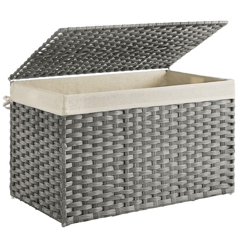 SONGMICS Storage Basket with Lid, Rattan-Style Storage Trunk with Cotton Liner and Handles, for Bedroom Closet Laundry Room, 29.9 x 17.1 x 18.1 Inches, Gray URST76WG