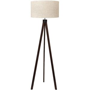 lepower wood tripod floor lamp, mid century standing reading light for living room, bedroom, study room and office, modern design, flaxen shade with e26 base (walnut)