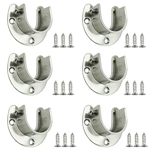 TIHOOD 6PCS Heavy Duty Stainless Steel Closet Rod End Supports Closet Pole Sockets Flange Rod Holder with Screws, 1.25 Inches/32mm Diameter, Silver (U-Shaped)