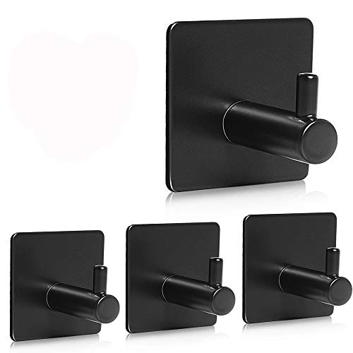 Adhesive Hooks, YAKAON [4 Pack] Heavy Duty Durable 304 Stainless Steel Wall Hangers, Waterproof Rustproof Oil Proof for Kitchen, Bathrooms, Doors, Office, Closet-Black