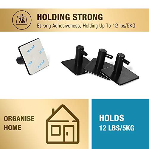 Adhesive Hooks, YAKAON [4 Pack] Heavy Duty Durable 304 Stainless Steel Wall Hangers, Waterproof Rustproof Oil Proof for Kitchen, Bathrooms, Doors, Office, Closet-Black