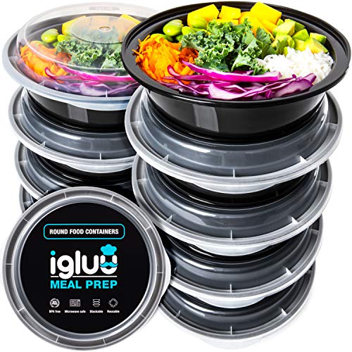 Igluu Meal Prep Round Plastic Containers - New Improved Lid - Reusable BPA Free Food Containers with Airtight Lids - Microwavable, Freezer and Dishwasher Safe - Stackable Salad Bowls - [10 Pack, 28oz]