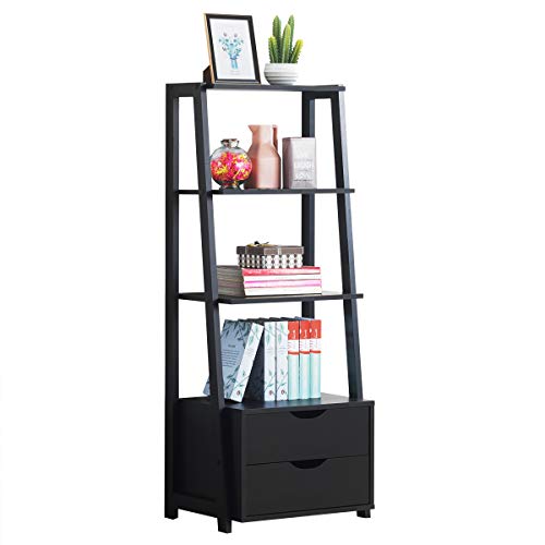 Tangkula Ladder Shelf Bookcase, Free Standing 4-Tier Bookshelf with 2 Storage Drawers, Modern Storage Display Shelving with Drawers, Ideal for Bathroom Home Office (Black)