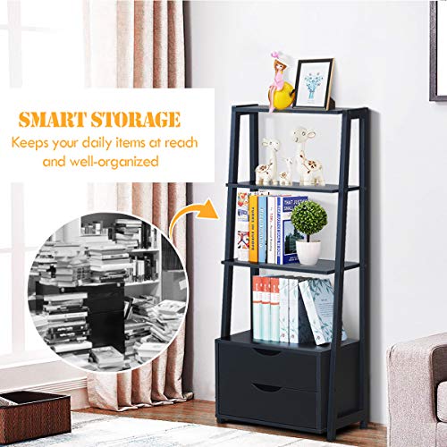 Tangkula Ladder Shelf Bookcase, Free Standing 4-Tier Bookshelf with 2 Storage Drawers, Modern Storage Display Shelving with Drawers, Ideal for Bathroom Home Office (Black)