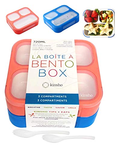 kinsho Bento Boxes for Kids, Lunch Box Set for Boys Girls Toddlers, Leakproof 3 Compartment Containers for Meal or Snack, For Pre-School Travel Work, BPA Free. Blue Orange 2 Pack Medium - Small