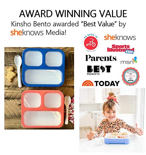 kinsho Bento Boxes for Kids, Lunch Box Set for Boys Girls Toddlers, Leakproof 3 Compartment Containers for Meal or Snack, For Pre-School Travel Work, BPA Free. Blue Orange 2 Pack Medium - Small