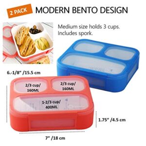 kinsho Bento Boxes for Kids, Lunch Box Set for Boys Girls Toddlers, Leakproof 3 Compartment Containers for Meal or Snack, For Pre-School Travel Work, BPA Free. Blue Orange 2 Pack Medium - Small