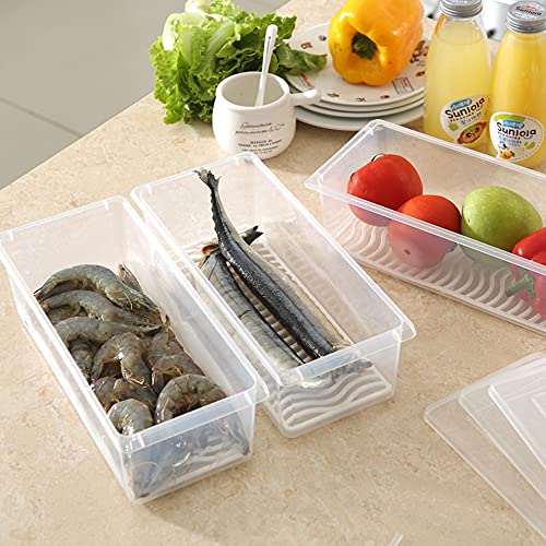 STARSLIFE Food Storage Containers, Refrigerator Classified Organizer Case with Removable Drain Plate and Lid, Plastic Stackable Box Keep Fresh for Fish, Meat, Vegetables, Fruits ect. (Pack of 3)