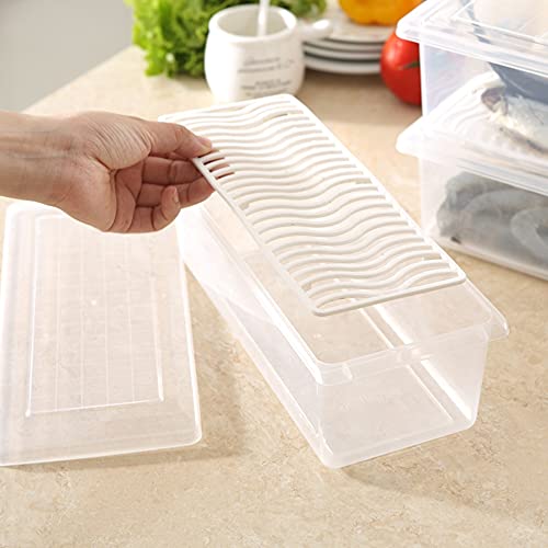 STARSLIFE Food Storage Containers, Refrigerator Classified Organizer Case with Removable Drain Plate and Lid, Plastic Stackable Box Keep Fresh for Fish, Meat, Vegetables, Fruits ect. (Pack of 3)