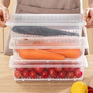 STARSLIFE Food Storage Containers, Refrigerator Classified Organizer Case with Removable Drain Plate and Lid, Plastic Stackable Box Keep Fresh for Fish, Meat, Vegetables, Fruits ect. (Pack of 3)