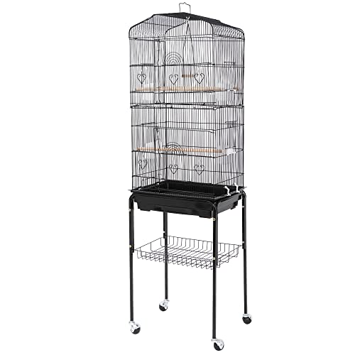 59.3 Inches Medium Bird Cage Rolling Stand Wrought Iron Construction Lovebird House Pet Supplies with Storage Shelf for Parrot Cockatiel Cockatoo Parakeet Macaw Finches