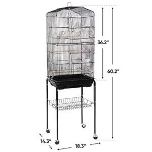 59.3 Inches Medium Bird Cage Rolling Stand Wrought Iron Construction Lovebird House Pet Supplies with Storage Shelf for Parrot Cockatiel Cockatoo Parakeet Macaw Finches