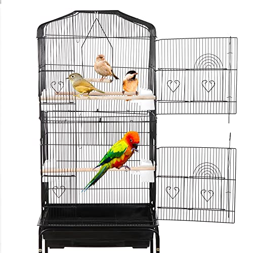 59.3 Inches Medium Bird Cage Rolling Stand Wrought Iron Construction Lovebird House Pet Supplies with Storage Shelf for Parrot Cockatiel Cockatoo Parakeet Macaw Finches