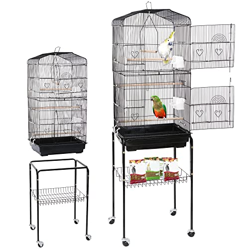 59.3 Inches Medium Bird Cage Rolling Stand Wrought Iron Construction Lovebird House Pet Supplies with Storage Shelf for Parrot Cockatiel Cockatoo Parakeet Macaw Finches