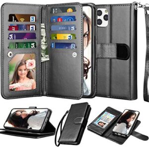 njjex wallet case for iphone 11 pro max 2019, for iphone 11 pro max case (6.5"), [9 card slots] pu leather id credit holder folio flip [detachable] kickstand magnetic phone cover & lanyard - black