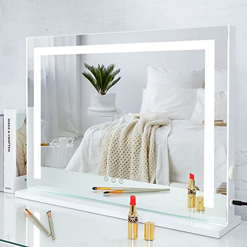 SHOWTIMEZ Vanity Mirror with Lights, Tabletop Wall-Mounted Makeup Mirror with Dimmable 3 Modes LED Backlit Light Strip,Touch Screen Control Cosmetic Mirror with USB Outlet, 22.8" W x 17.5" H