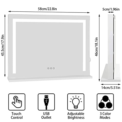 SHOWTIMEZ Vanity Mirror with Lights, Tabletop Wall-Mounted Makeup Mirror with Dimmable 3 Modes LED Backlit Light Strip,Touch Screen Control Cosmetic Mirror with USB Outlet, 22.8" W x 17.5" H