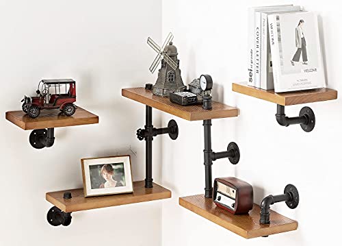 Industrial Rustic Modern Wood Ladder Pipe Wall Mounted Floating Shelves - Set of 3 Bookshelf,DIY Storage Shelving,Hung Bracket,Bookcase (Set of 3 Ladder Shelves)