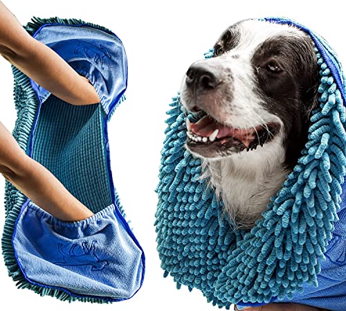 Tuff Pupper Quick Dry Towel for Dogs | Ultra Absorbent Microfiber Shammy | Extra Large 35x15 Size for All Breeds | Comfortable Hand Pockets | Indoor Outdoor Use | Durable Material | Machine Washable