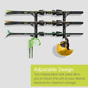 3-Tier Snowboard and Ski Rack Wall Shelf by Delta Cycle - Space Saving Mounted Wall Rack with Extendable & Integrated Accessory Hooks - Convenient & Durable Storage MultiSport Wall Rack