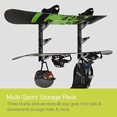 3-Tier Snowboard and Ski Rack Wall Shelf by Delta Cycle - Space Saving Mounted Wall Rack with Extendable & Integrated Accessory Hooks - Convenient & Durable Storage MultiSport Wall Rack