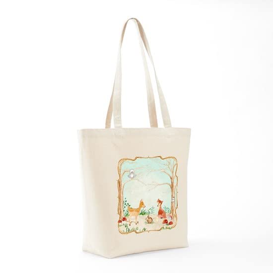 CafePress Woodland Creatures Animals Deer Fox Rabbit Owl Art Natural Canvas Tote Bag, Reusable Shopping Bag