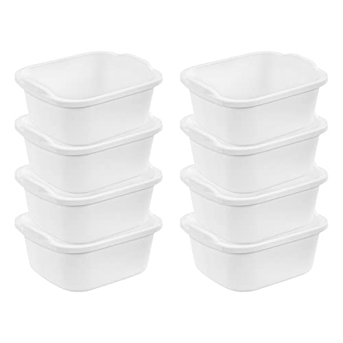 Sterilite 12 Quart Durable Heavy Duty Reinforced Plastic Kitchen Dishpan Basin with Molded Handles for Household Chores and Storage, White, 8 Pack