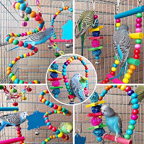 Bird Parakeet Cockatiel Toys, ESRISE Natural Wood Hanging Bell Pet Bird Cage Hammock Swing Climbing Ladders Wooden Perch Mirror Chewing Toy for Budgerigar, Conures, Love Birds