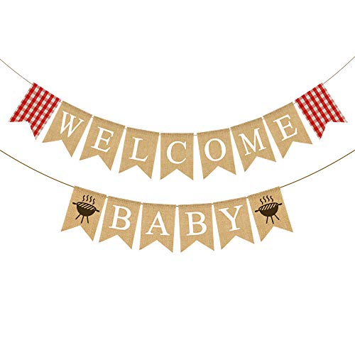 Rainlemon Jute Burlap Welcome Baby Banner with Grill BBQ Theme Baby Shower Party Garland Decoration