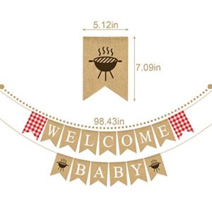 Rainlemon Jute Burlap Welcome Baby Banner with Grill BBQ Theme Baby Shower Party Garland Decoration