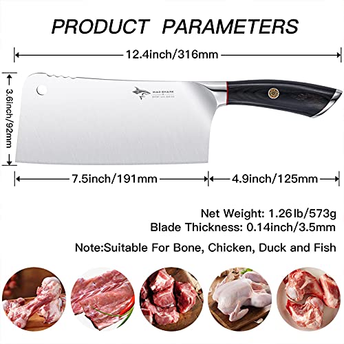 MAD SHARK Meat Cleaver, Professional 7.5 Inch Bone Chopping Butcher Knife with Heavy Duty Blade, German Military Grade Composite Steel, Chinese Chef's Bone Cutting Knife for Home Kitchen & Restaurant