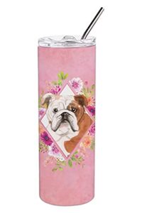 caroline's treasures ck4240tbl20 english bulldog pink flowers double walled stainless steel 20 oz skinny tumbler, 20 oz, multicolor