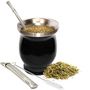 upgraded yerba mate natural gourd/tea cup set (original traditional mate cup - 8 ounces) | includes 2 bombillas (yerba mate straws to use) & cleaning brush | stainless steel | double-walled