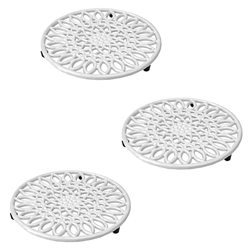 Home Basics Sunflower Collection, Heavy Duty Cast Iron Trivet, Elevated Base Kitchen Countertop & Dinning Room Table, (3, White)