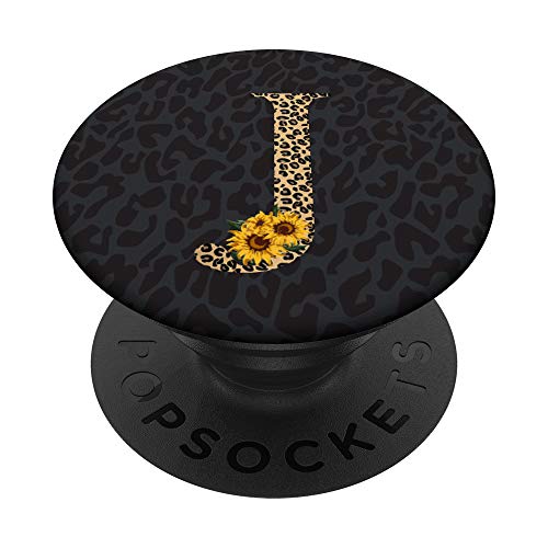 Leopard Cheetah Animal Print Sunflower Monogram Letter J PopSockets Swappable PopGrip