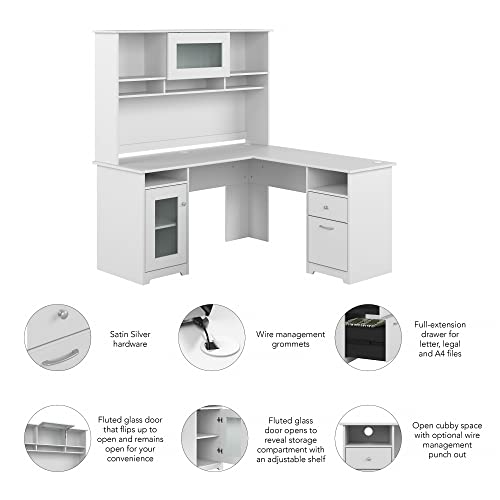 Bush Furniture Cabot Desk with Hutch | Corner with Storage for Home Office | L Shaped Computer, 60W, White