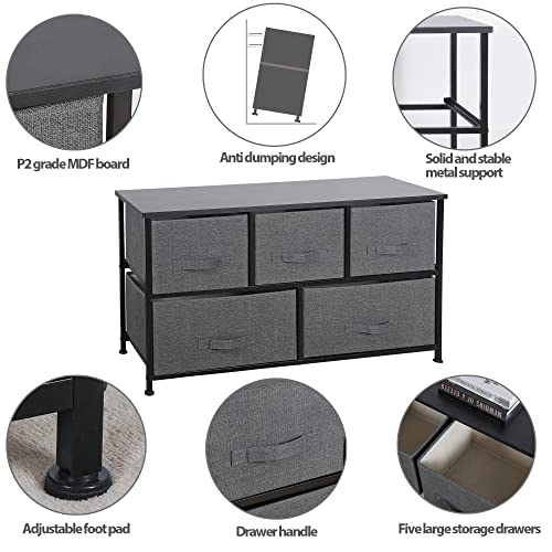 SUPER DEAL 5 Drawer Fabric Dresser Chests of Drawers, Wide Storage Tower Heavy Duty Steel Frame, Wood Top, Kids Toys Organizer Unit for Bedroom Livingroom Closet Nursery Hallway, Dark Grey