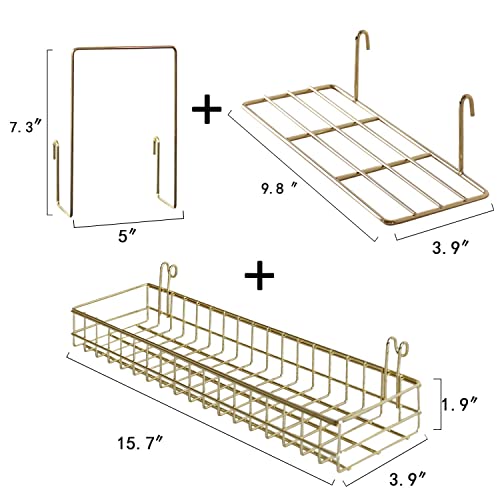 FRIADE Gold Grid Basket with Hooks,Bookshelf,Display Shelf for Wall Grid Panel,Wall Mount Organizer and Storage Shelf Rack for Home Supplies,1 Set of 3 (Gold)