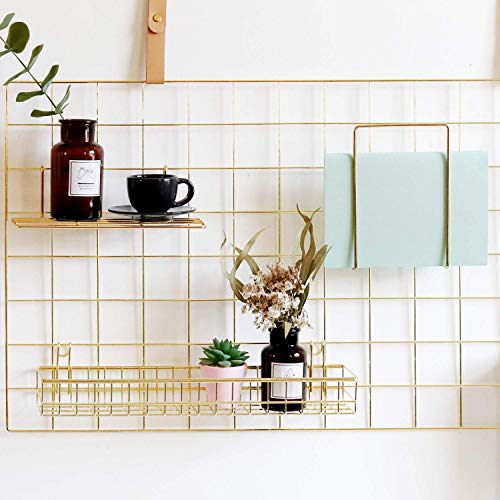 FRIADE Gold Grid Basket with Hooks,Bookshelf,Display Shelf for Wall Grid Panel,Wall Mount Organizer and Storage Shelf Rack for Home Supplies,1 Set of 3 (Gold)