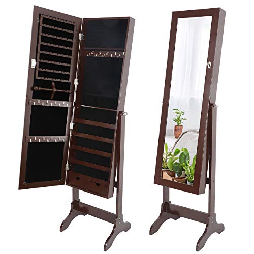 SUPER DEAL 2in1 Free Standing Jewelry Cabinet Lockable Full-Length Mirrored Jewelry Armoire with 5 Shelves Large Storage Capacity Organizer, 4 Angles Adjustable (Brown)