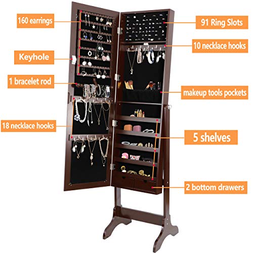 SUPER DEAL 2in1 Free Standing Jewelry Cabinet Lockable Full-Length Mirrored Jewelry Armoire with 5 Shelves Large Storage Capacity Organizer, 4 Angles Adjustable (Brown)