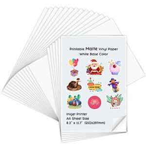 printable vinyl for inkjet printer, 20 sheets premium matte white printable vinyl paper,8.3"x 11.7"