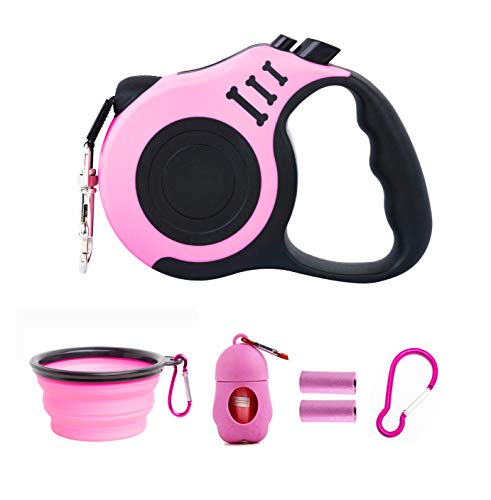 PETIMP Retractable Dog Leash Lightweight 16FT Leash, with Folding Bowl,Dispenser,Waste Bags, for Small Medium Dogs(Pink)