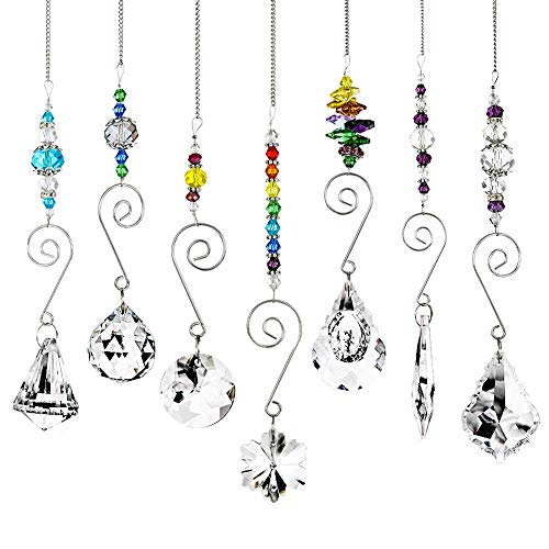 BKpearl 7 Pcs Crystals Sun Catcher, Hanging Suncatchers Beads Chain Sphere Chandelier Lamps Light Pendant for Indoor Christmas Day, Wedding, Plants, Cars, Window Decoration (White)