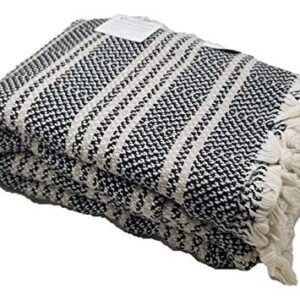 InfuseZen Turkish Throw Blanket Made from 100% Turkish Cotton, Large Lightweight Handwoven Sofa Throw, Partial Bed Cover or Loveseat Blanket (Black with Beige Stripes)