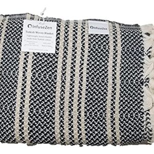 InfuseZen Turkish Throw Blanket Made from 100% Turkish Cotton, Large Lightweight Handwoven Sofa Throw, Partial Bed Cover or Loveseat Blanket (Black with Beige Stripes)