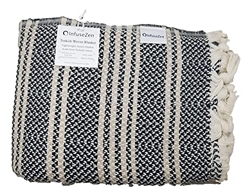 InfuseZen Turkish Throw Blanket Made from 100% Turkish Cotton, Large Lightweight Handwoven Sofa Throw, Partial Bed Cover or Loveseat Blanket (Black with Beige Stripes)